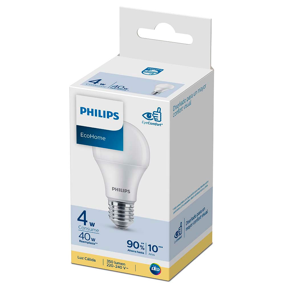 Lámpara Philips Bulbo Ecohome 4w E27 3000k Luz Cálida - Masonline - Más Online